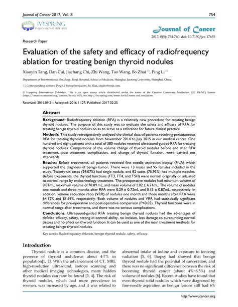 Pdf Evaluation Of The Safety And Efficacy Of Radiofrequency Ablation For Treating Benign