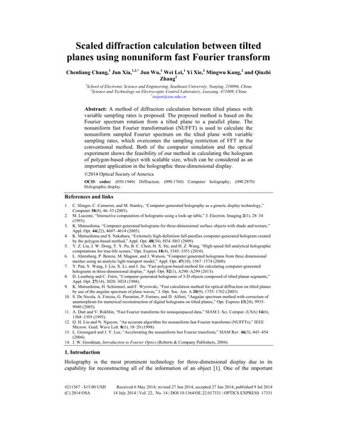 Pdf Scaled Diffraction Calculation Between Tilted Planes Using Nonuniform Fast Fourier Transform