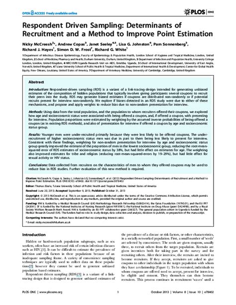 Pdf Respondent Driven Sampling Determinants Of Recruitment And A