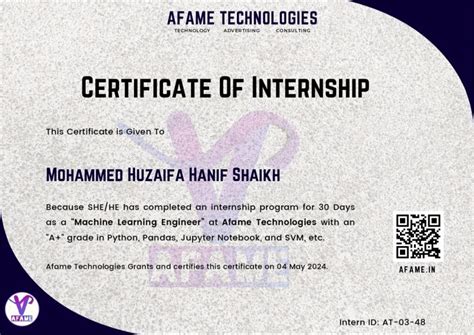 machinelearning internship letterofrecommendation afametechnologies