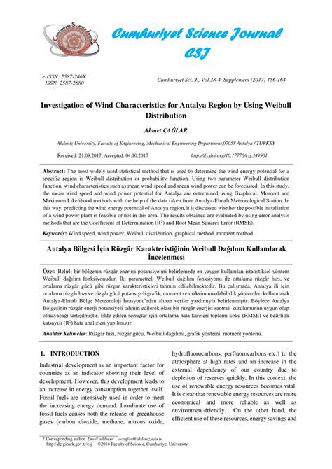 Pdf Investigation Of Wind Characteristics For Antalya Region By Using Weibull Distribution