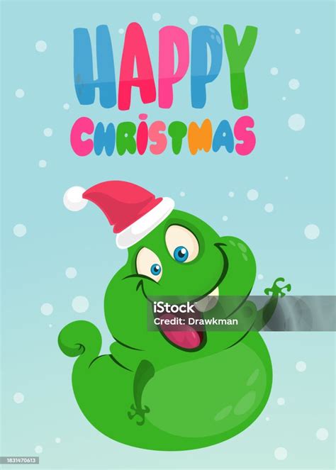 산타 클로스 모자를 쓰고 재미있는 얼굴 표정을 가진 만화 행복한 녹색 괴물 메리 크리스마스 파티 초대장 또는 포스터 새해 휴일 디자인입니다 벡터 일러스트 레이 션