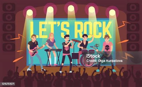 콘서트에 뮤지션 록 밴드와 팝 뮤지션 사운드 장비 및 악기 기타리스트와 드러머 무대 벡터 개념 락가수에 대한 스톡 벡터 아트 및 기타 이미지 Istock