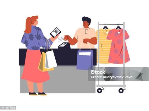 여자는 Qr 코드 플랫 스타일 벡터 일러스트 레이 션을 사용하여 옷을 지불합니다 소매 소비자주의에 대한 스톡 벡터 아트 및 기타 이미지 소매 소비자주의 Brand