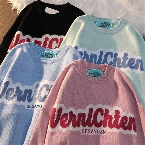 เสื้อกันหนาวชายและหญิงลายตัวอักษรสีเขียวนมญี่ปุ่น เสื้อกันหนาวแบบถักลายตัวอักษรเทรนด์เรียบง่าย