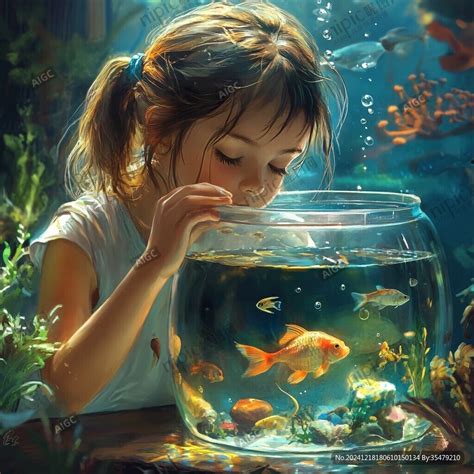 Ai创作图鱼与少女 喂鱼的小女孩 海底世界唯美女孩 鱼缸里的世界 写实唯美插画 看鱼的小孩 水族馆看鱼的小孩 儿童喂金鱼 少女与鱼 小孩抱金鱼 梦幻儿童插画超治愈 梦幻水族馆 超写实插画 捧着