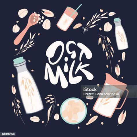 귀리 우유 낙서 그림입니다 건강 유기농 오리지널 비건 채식주의 자 다이어트 매일 영양을위한 귀리 요소의 손으로 그린 글자 인쇄