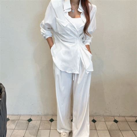 패드내장세트가단품코디가능 루즈핏 패드 샤틴 언발 랩 버튼 포켓 남방 밴딩 와이드 샤틴 롱팬츠 3color 에이블리