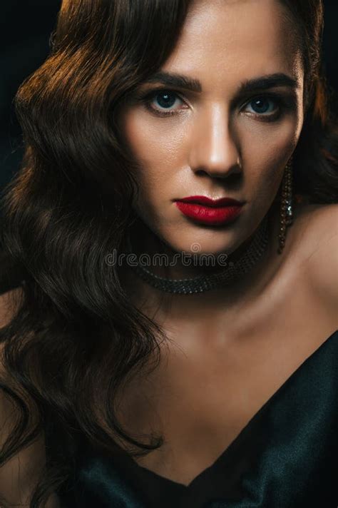 Portrait Of A Beautiful Woman In A Classic Retro Look Brunette Girl In