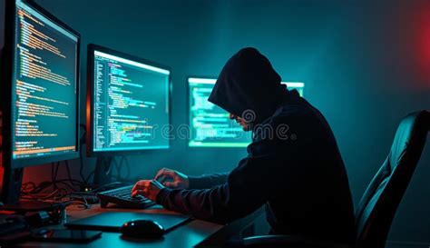 A Hacker Wearing A Hooded Sweatshirt Working On Multiple Computer