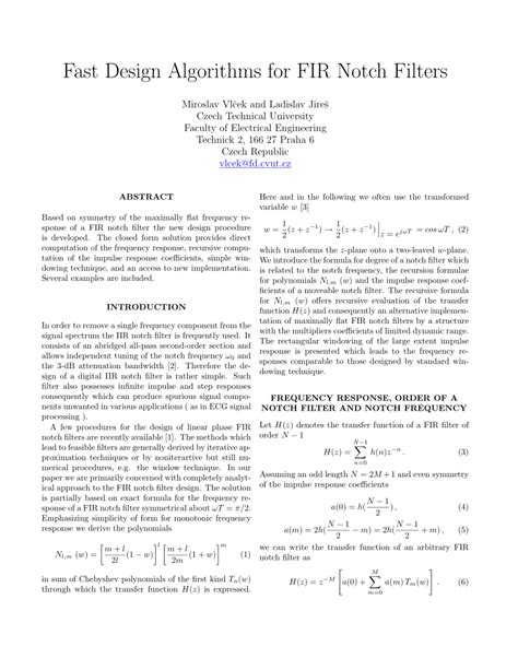 Pdf Fast Design Algorithms For Fir Notch Filters