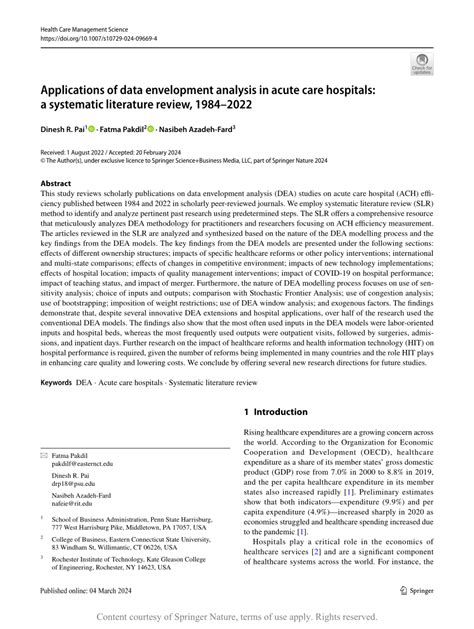 Applications Of Data Envelopment Analysis In Acute Care Hospitals A Systematic Literature