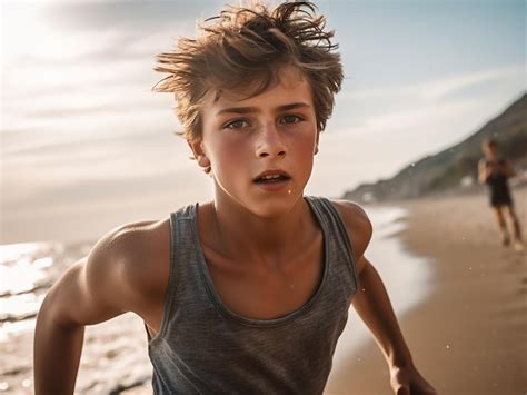 Shirtless 18yearold Running On The Beach Near The Sea Premium Ai