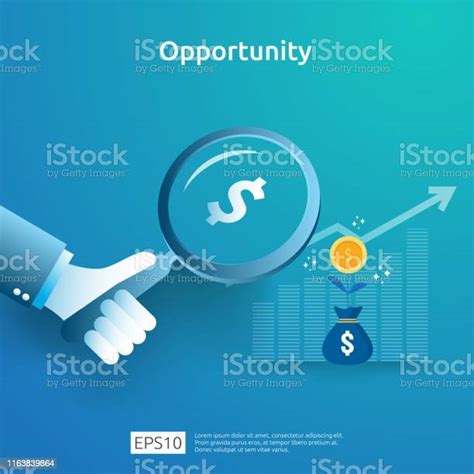 비즈니스 아이디어 분석 및 기회 연구 개념 증가 성장 그래픽 차트 와 돋보기 손에 화살표 요소를 가진 투자 Roi 일러스트레이션의 재무 성과 개념과 주제에 대한 스톡 벡터