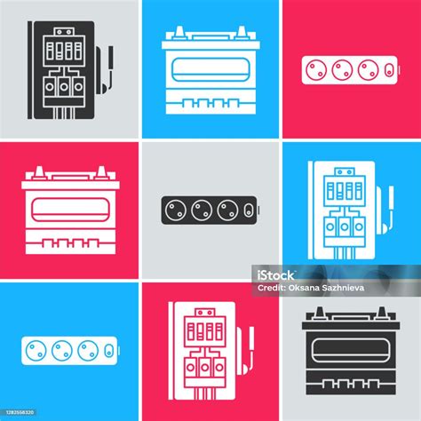 전기 패널 자동차 배터리 및 전기 확장 코드 아이콘을 설정합니다 벡터 고압 전류 주의에 대한 스톡 벡터 아트 및 기타 이미지