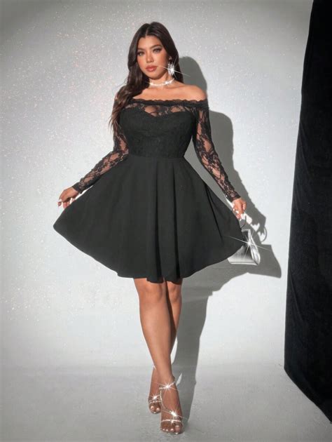 Shein Bae Plus Size Women Off Shoulder Long Sleeve Lace Fitted Mini