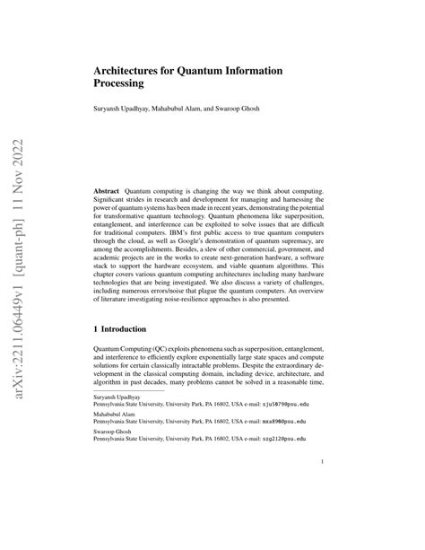 Pdf Architectures For Quantum Information Processing