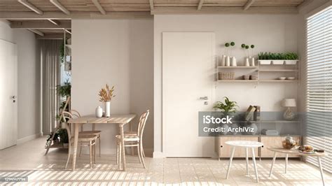 아늑한 나무 의 지속 가능한 거실과 대나무 천장베이지 색조의 식사 책장 의자가있는 테이블 화분 세라믹 바닥 환경 친화적 인 인테리어 디자인 0명에 대한 스톡 사진 및 기타