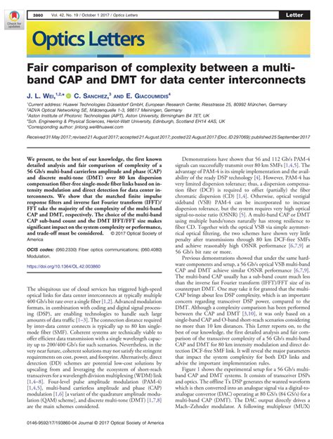 Pdf Fair Comparison Of Complexity Between A Multi Band Cap And Dmt For Data Center Interconnects