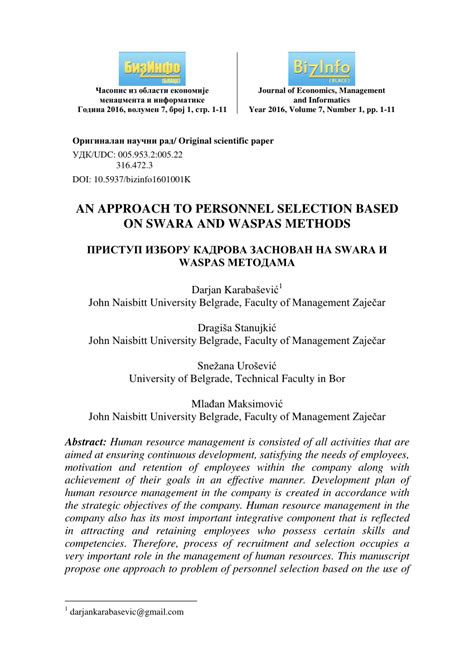 Pdf An Approach To Personnel Selection Based On Swara And Waspas Methods