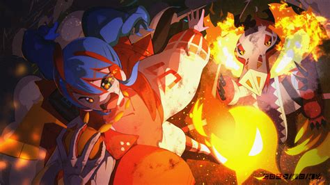 Safebooru 1girl Absurdres Blue Hair Claws Crocodile Crocodilian Fire Fire Bird Skeledirge