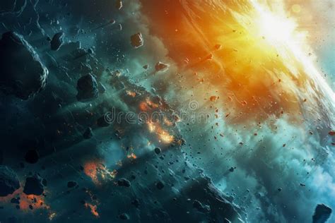 Dramatic Cosmic Scene With Exploding Planet Meteorite Shower And