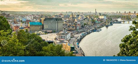 View To Podil District In Kyiv City From The Pedestrian Bridge In The