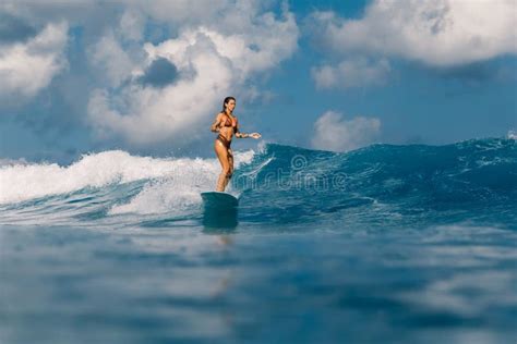 September 30 2024 Bali Indonesia Surfer Girl Riding On Longboard At