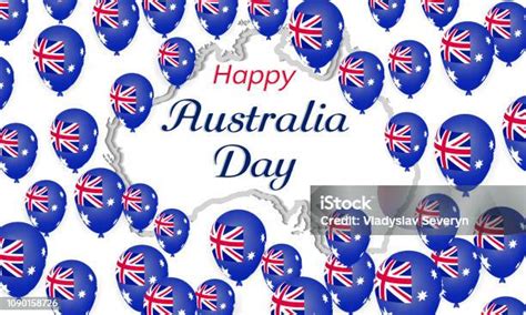 행복 한 호주 하루 26 1 월 호주 국기와 함께 헬륨 풍선 흰색 바탕에 축제 벡터 일러스트입니다 인사말 카드 또는 배너 광고 0명에 대한 스톡 벡터 아트 및 기타 이미지