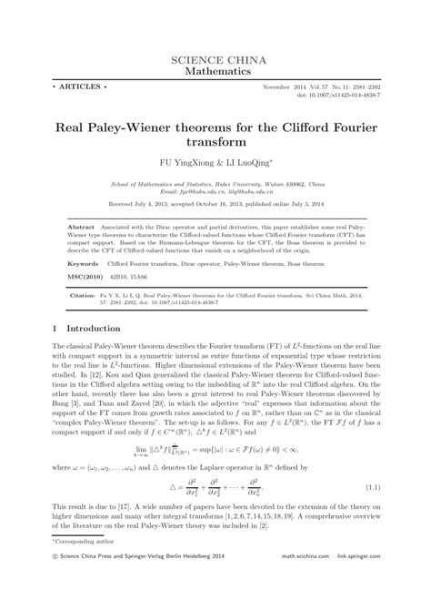 Pdf Real Paley Wiener Theorems For The Clifford Fourier Transform