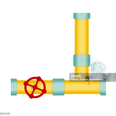 증기 또는 납 가스의 누출 파이프 라인의 파열로 깨진 파이프 수도꼭지 떨어지기 물 공급 문제 파이프 파손 흰색 배경에 격리된 바람 그림 0명에 대한 스톡 벡터 아트 및 기타