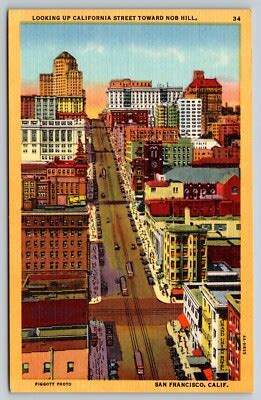 California San Francisco Nob Hill Street View Vintage Linen Postcard
