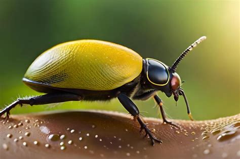 Premium Ai Image A Yellow Beetle With A Black Stripe On Its Back Sits On A Leaf
