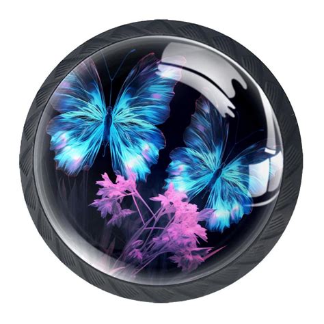 4 Pack Black Drawer Knobs Blue Butterflies Flower Cabinet Knobs Round Glass Knobs For Kitchen