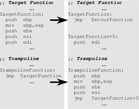 trampoline and target functions before and after insertion of the