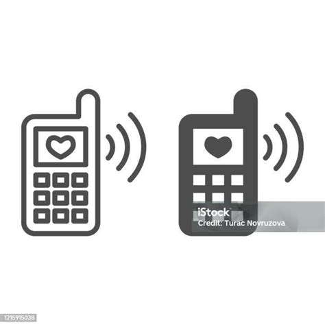 전화 및 사랑 메시지 라인과 솔리드 아이콘 심장 기호와 클래식 전화 울리는 흰색 배경에 윤곽 스타일 그림 모바일 개념 또는 웹