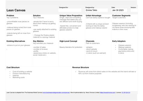 Lean Canvas Docx Lean Canvas For Chosen Product Designed For