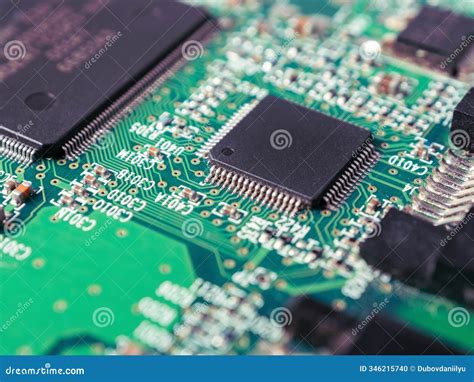 Close Up Of Ics Chips Diodes And Capacitors On A Printed Circuit