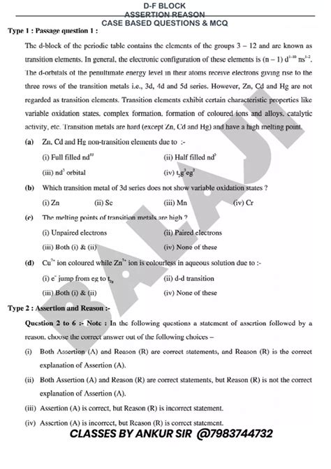 Chemistry Class 12 D And F Block Assertion Reason Case Based Questions And Multiple Choice