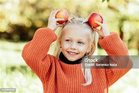 가을에 농장에서 사과를 따는 아이 사과 나무 과수원에서 노는 어린 소녀 건강한 영양 가을에 대한 스톡 사진 및 기타 이미지 가을 건강한 생활방식 계절 Istock