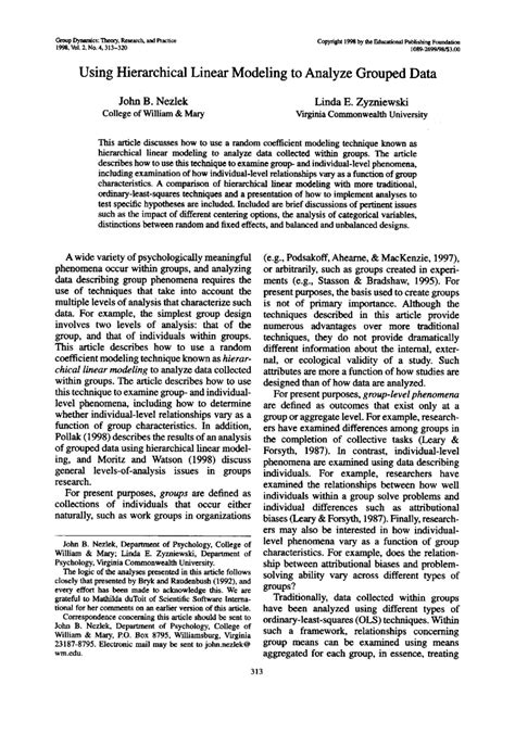 Pdf Using Hierarchical Linear Modeling To Analyze Grouped Data