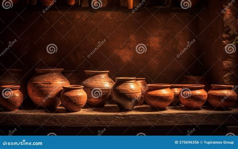 Ancient Terracotta Pottery Collection On Rustic Shelf Generated By Ai