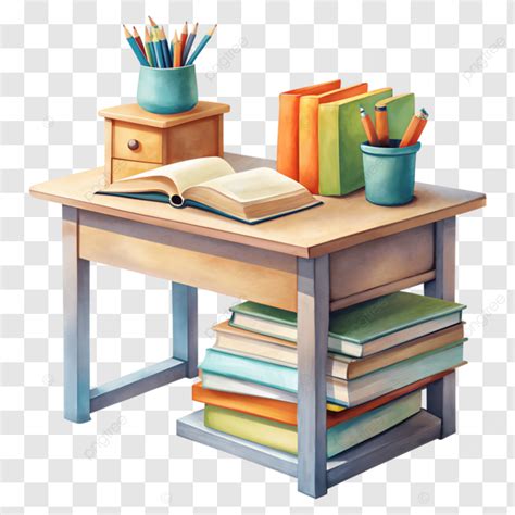 학교 클립 아트 삽화를 위한 책과 연필이 있는 만화 책상 만화 학교 책상 학생 책상 클립 아트 책과 연필이 있는 나무 책상 Png 일러스트 및 이미지 에 대한 무료
