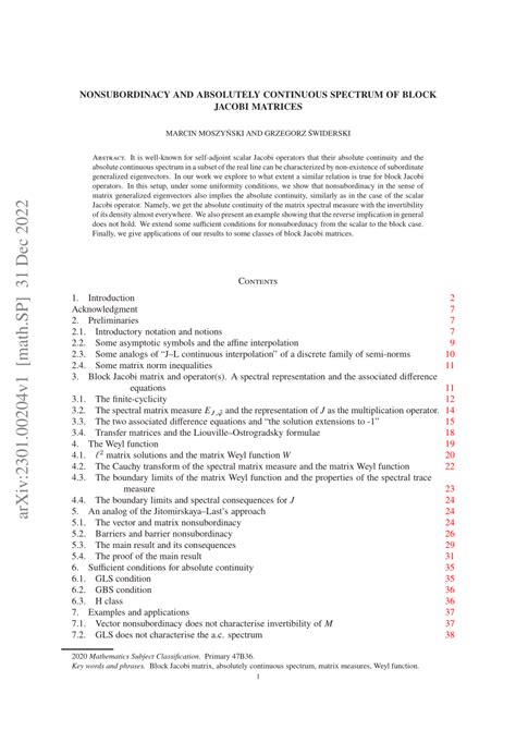 Pdf Nonsubordinacy And Absolutely Continuous Spectrum Of Block Jacobi Matrices