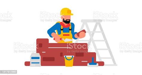 벽돌을 깔고 있는 노동자 빌더 와 벽돌 작업 시멘트 가방 주걱 양동이 사다리 흰색 배경에서 격리된 벡터 그림입니다 공사장 인부에 대한 스톡 벡터 아트 및 기타 이미지