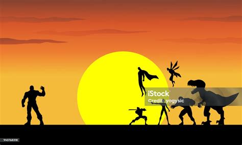 석양을 배경에서으로 거 대 한 슈퍼 악당에 대 한 벡터 슈퍼 히어로 슈퍼히어로에 대한 스톡 벡터 아트 및 기타 이미지 슈퍼