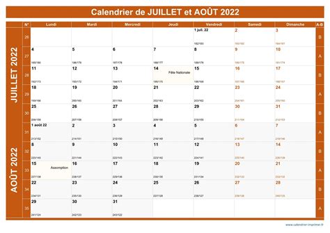 Calendrier Juillet Et Août 2022 à Imprimer