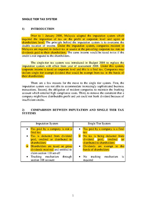 Sinle Tier Vs Two Tier Dividend System In Malaysia Single Tier Tax System 1 Introduction