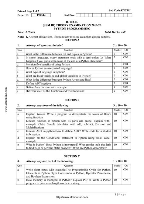Python Paper 2019 Printed Page 1 Of 2 Sub Codeknc Paper Id 199344 Roll No 0 0 0 0 0 0 0 0 0