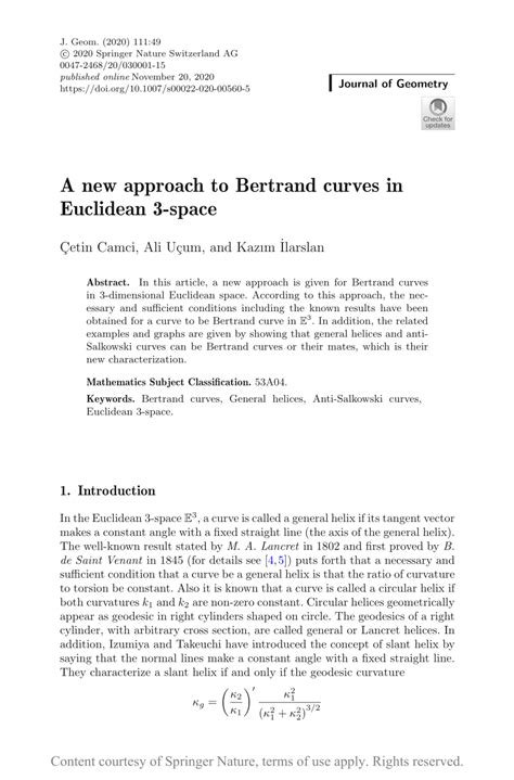 A New Approach To Bertrand Curves In Euclidean 3 Space Request Pdf